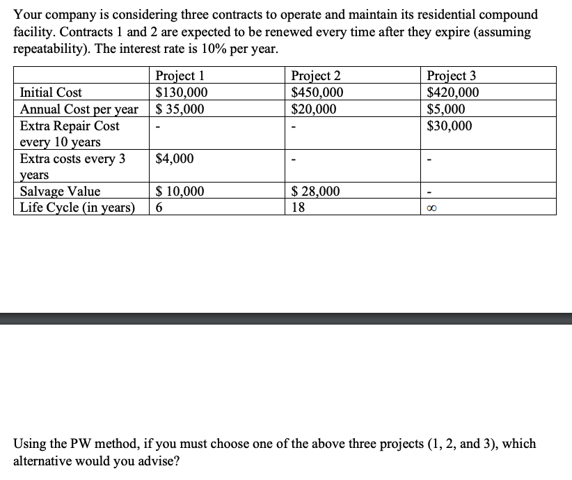 Solved Your company is considering three contracts to | Chegg.com