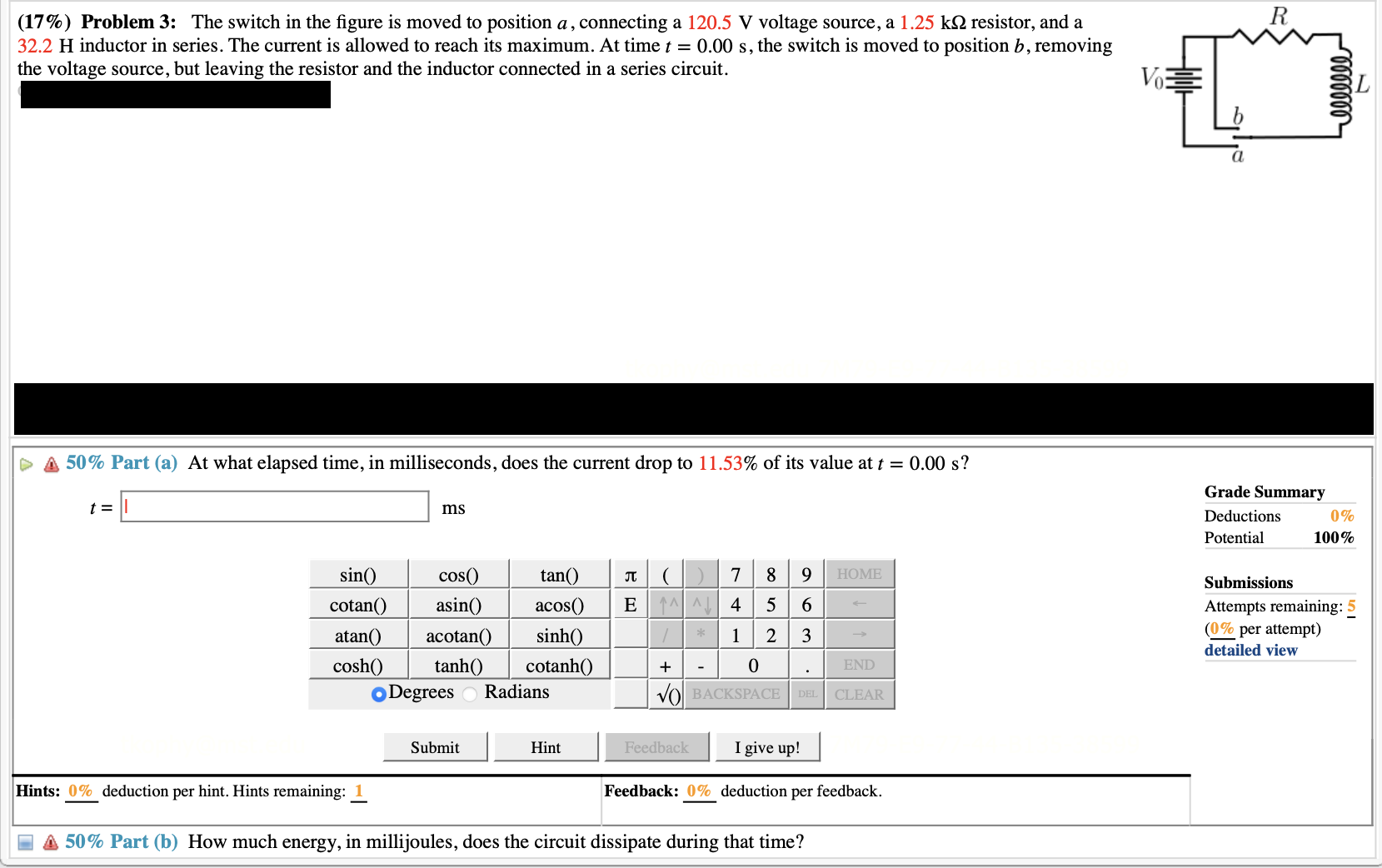Solved (17\%) Problem 3: The switch in the figure is moved | Chegg.com
