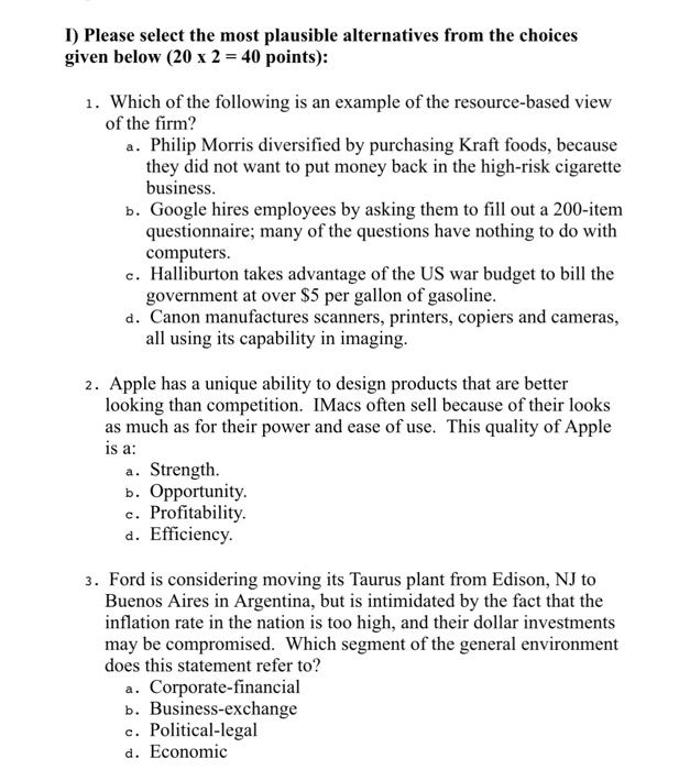Solved I) Please select the most plausible alternatives from | Chegg.com