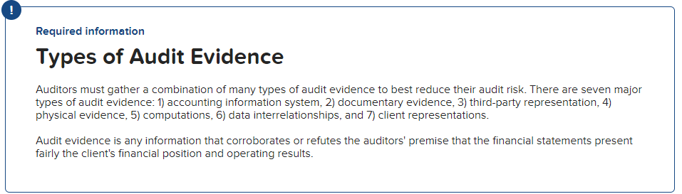 Solved Types of Audit Evidence Auditors must gather a | Chegg.com