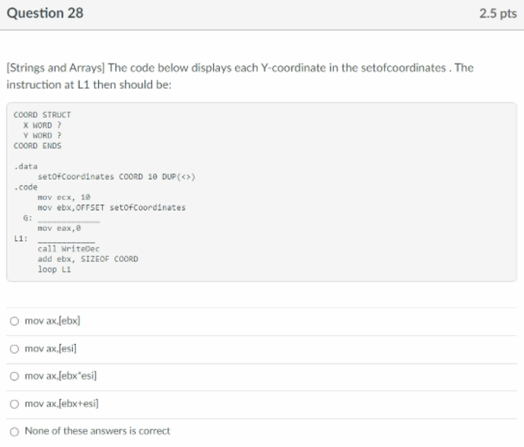 Solved Question 28 2.5 pts [Strings and Arrays] The code | Chegg.com