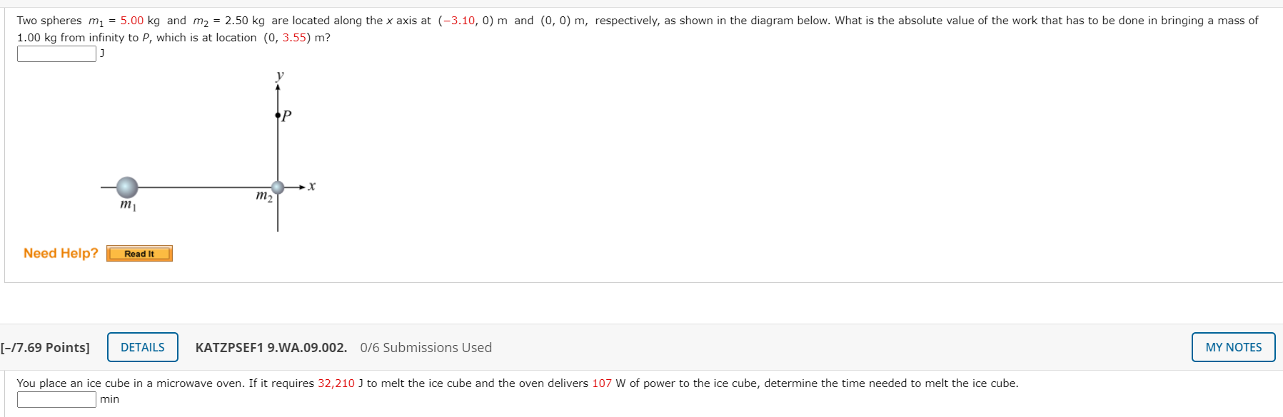 Solved Two spheres m1 = 5.00 kg and m2 = 2.50 kg are located | Chegg.com