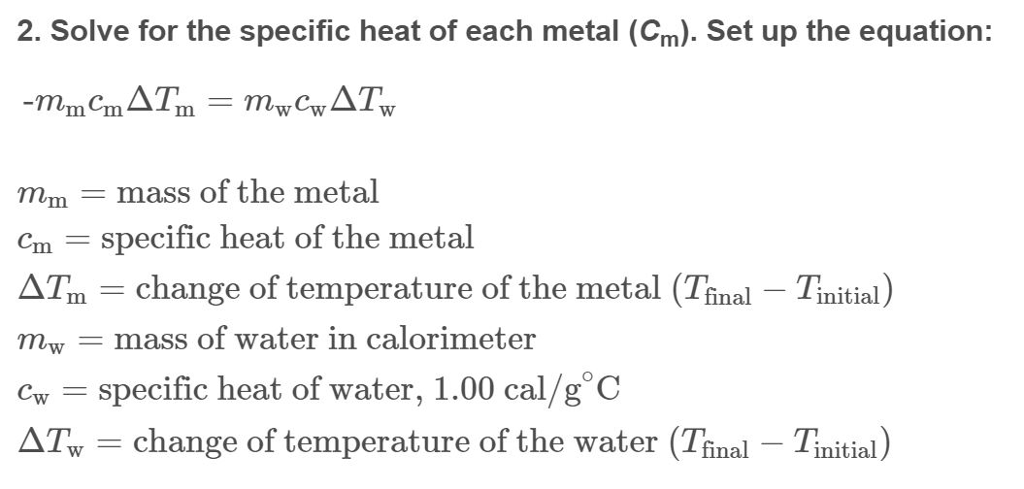 1. Calculate the specific heat of each metal. lost by | Chegg.com