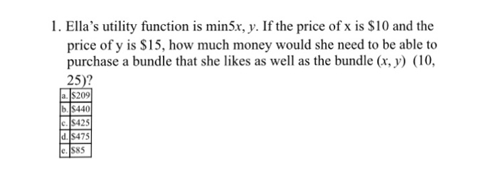 Solved Ella's utility function is min5x, y. If the price of | Chegg.com