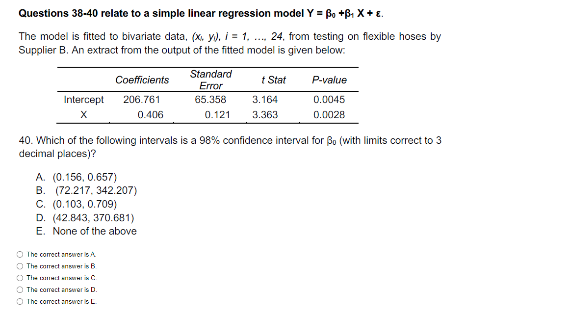 Solved Questions 38-40 ﻿relate to a simple linear regression | Chegg.com