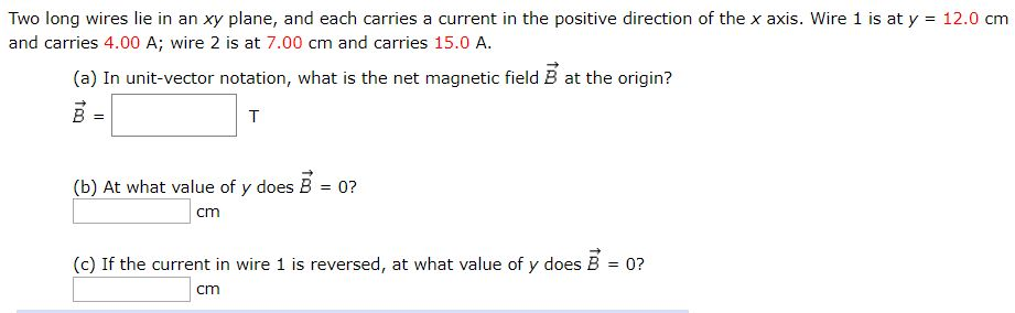 Solved Two long wires lie in an xy plane, and each carries a | Chegg.com