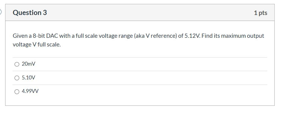 Solved Question 3 1 pts Given a 8-bit DAC with a full scale | Chegg.com