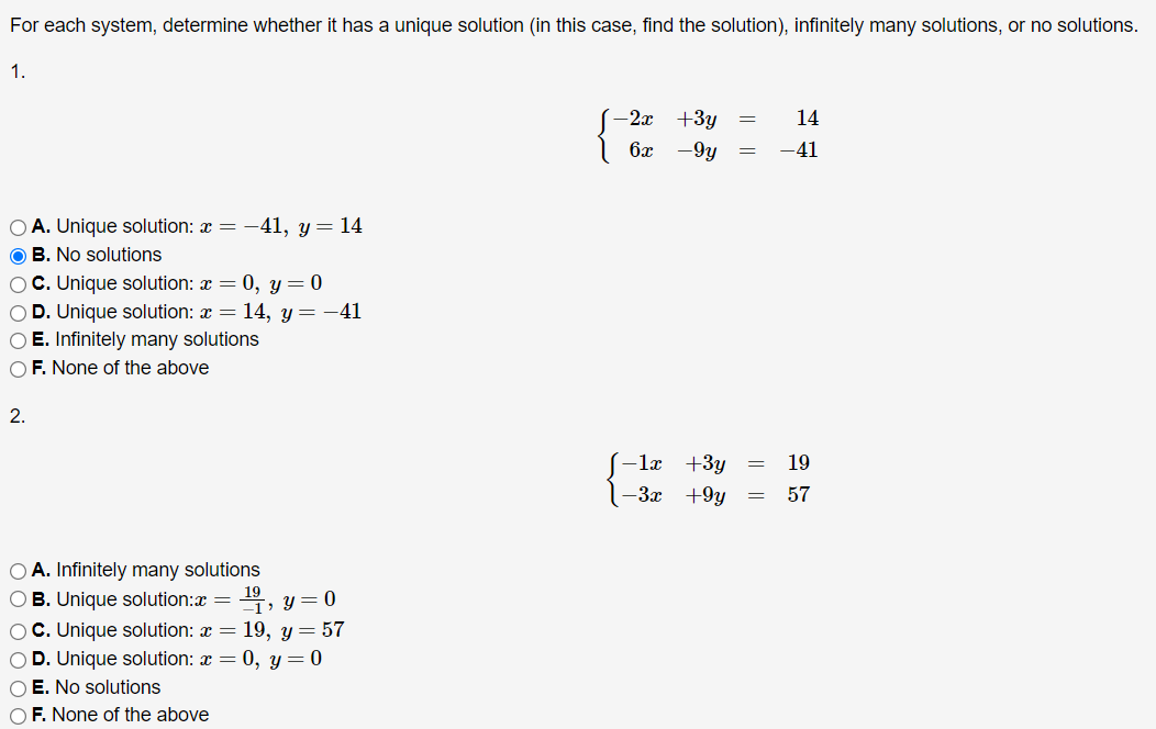 Solved For each system, determine whether it has a unique | Chegg.com