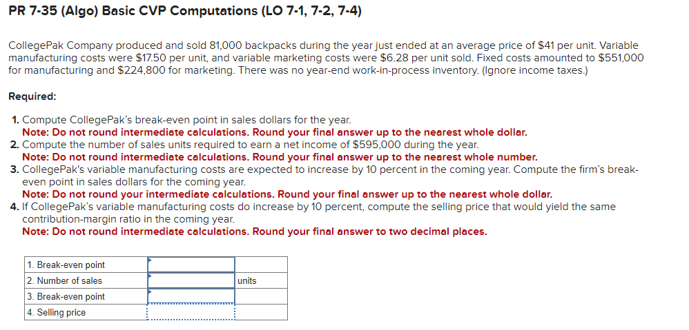 Solved PR 7-35 (Algo) ﻿Basic CVP Computations (LO | Chegg.com