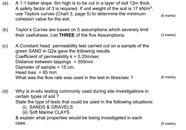 Solved (a) A 1:1 batter slope 6m high is to be cut in a | Chegg.com