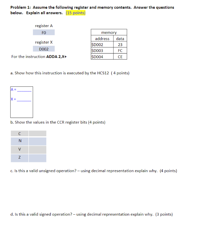 Solved Problem 1: Assume the following register and memory | Chegg.com