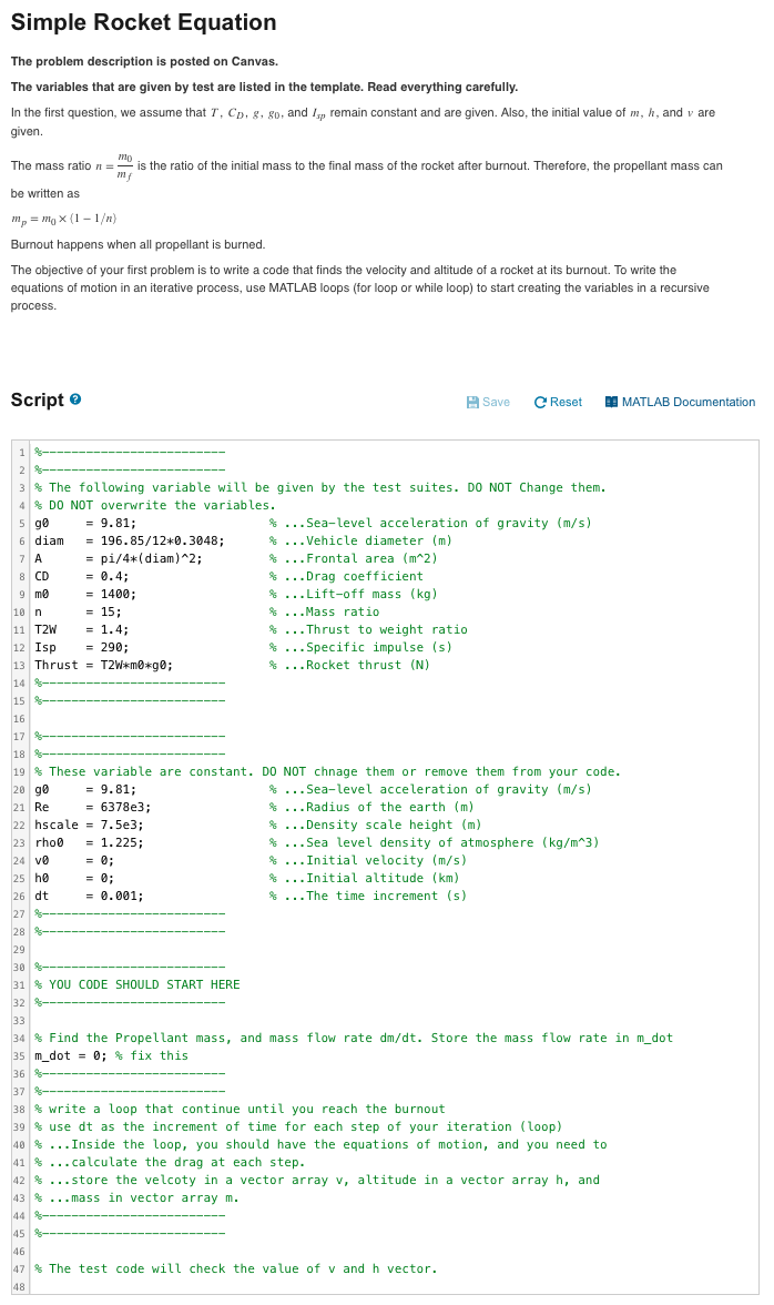 Solved Simple Rocket Equation The problem description is | Chegg.com