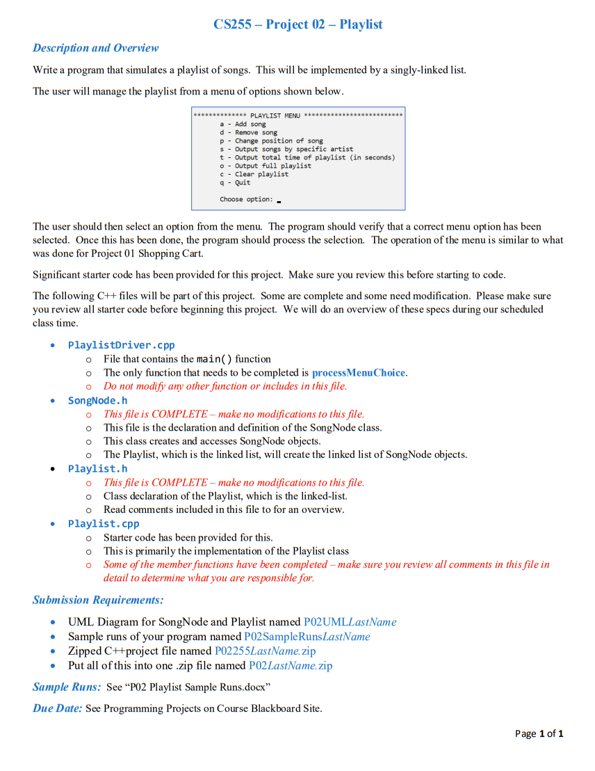 Solved CS255 - Project 02 - Playlist Description and | Chegg.com