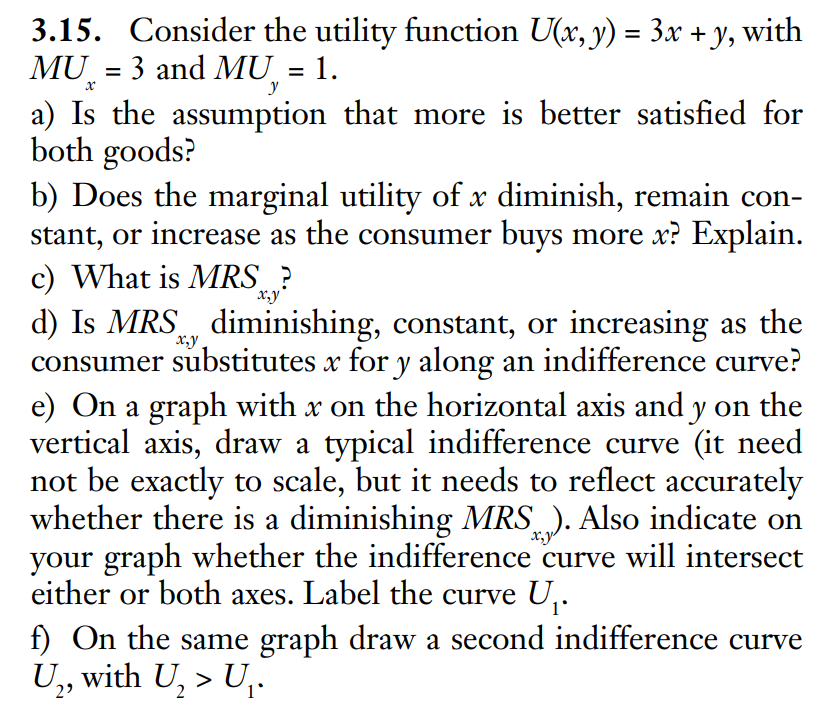 Solved 3.15. Consider the utility function U(x,y)=3x+y, with | Chegg.com