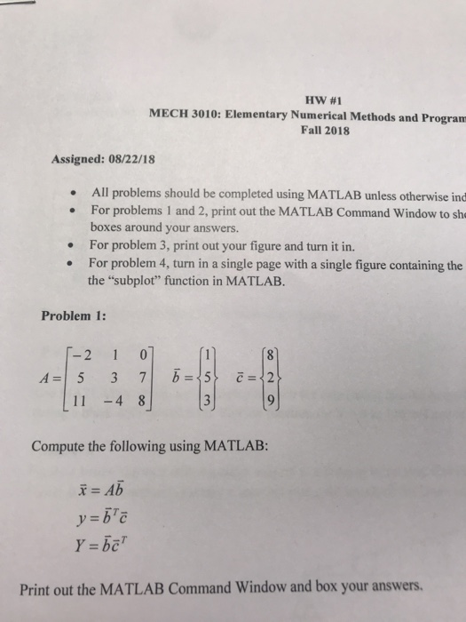 Solved Hw #1 MECH 3010: Elementary Numerical Methods and | Chegg.com