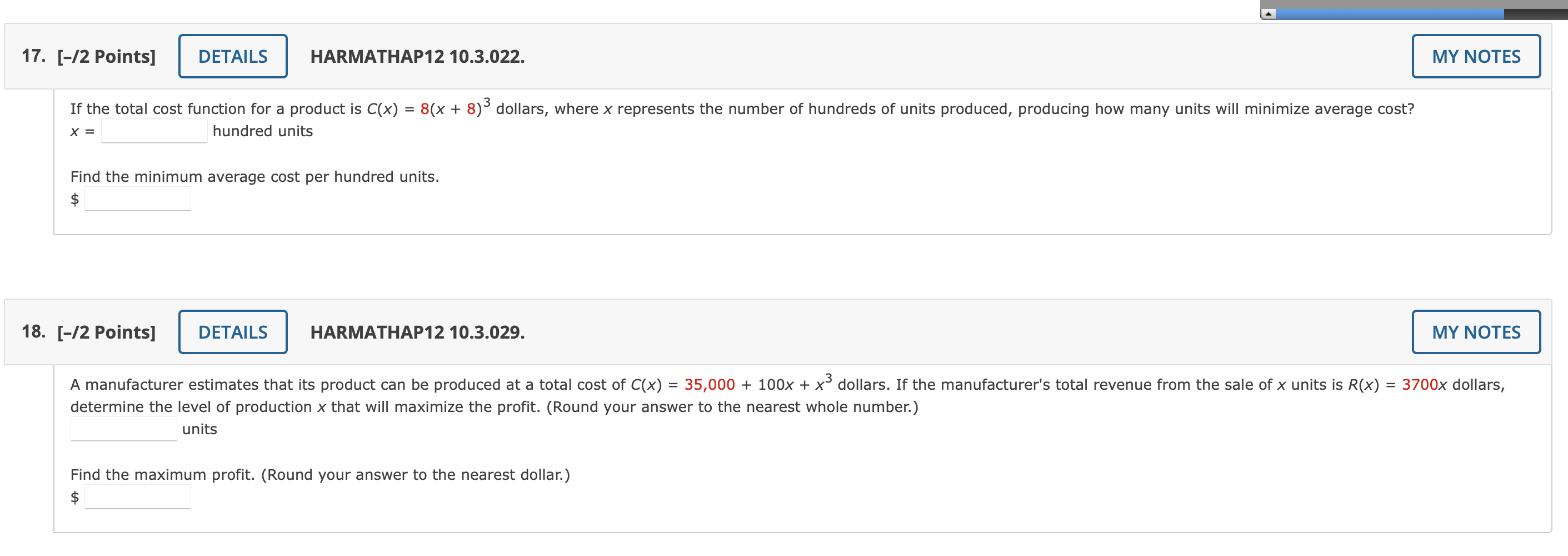Solved x= hundred units Find the minimum average cost per | Chegg.com