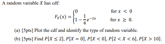 Solved A random variable X has cdf: FX(x)={01−41e−2x for x
