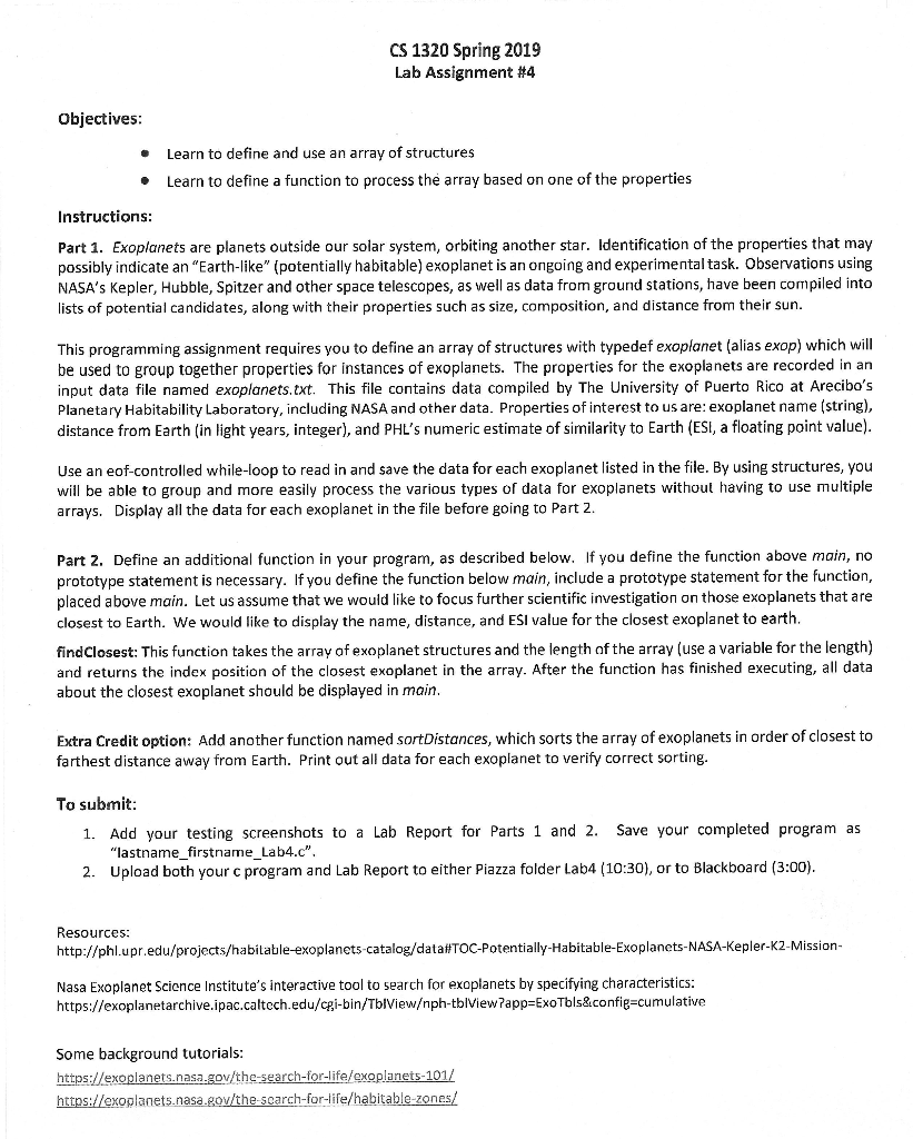 CS 1320 Spring 2019 Lab Assignment #4 Objectives | Chegg.com