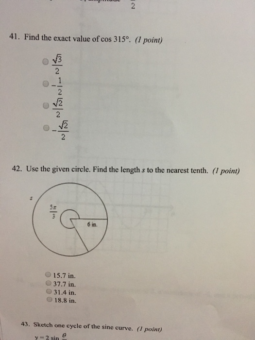 Solved Find the exact value of cos 315 degree. Squareroot | Chegg.com