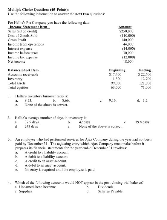 Solved Multiple Choice Questions (45 Points): Use the | Chegg.com