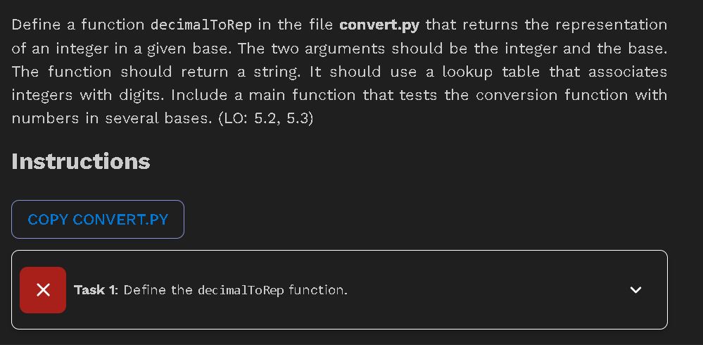 Solved Define a function decimalToRep in the file convert.py | Chegg.com