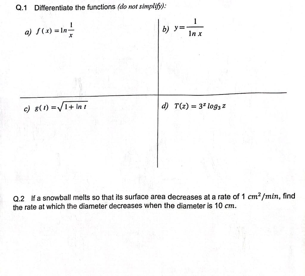 Solved Q.1 Differentiate the functions (do not simplify): | Chegg.com