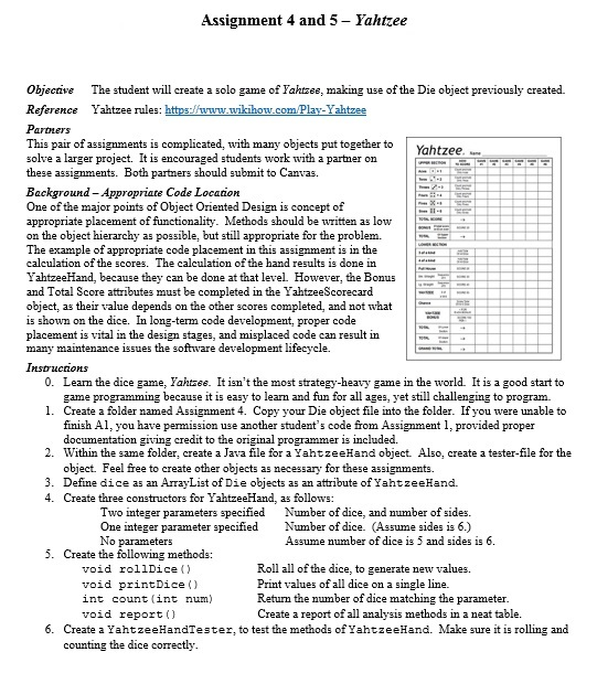 Complete both assignments. Create a Solo Yahtzee game | Chegg.com
