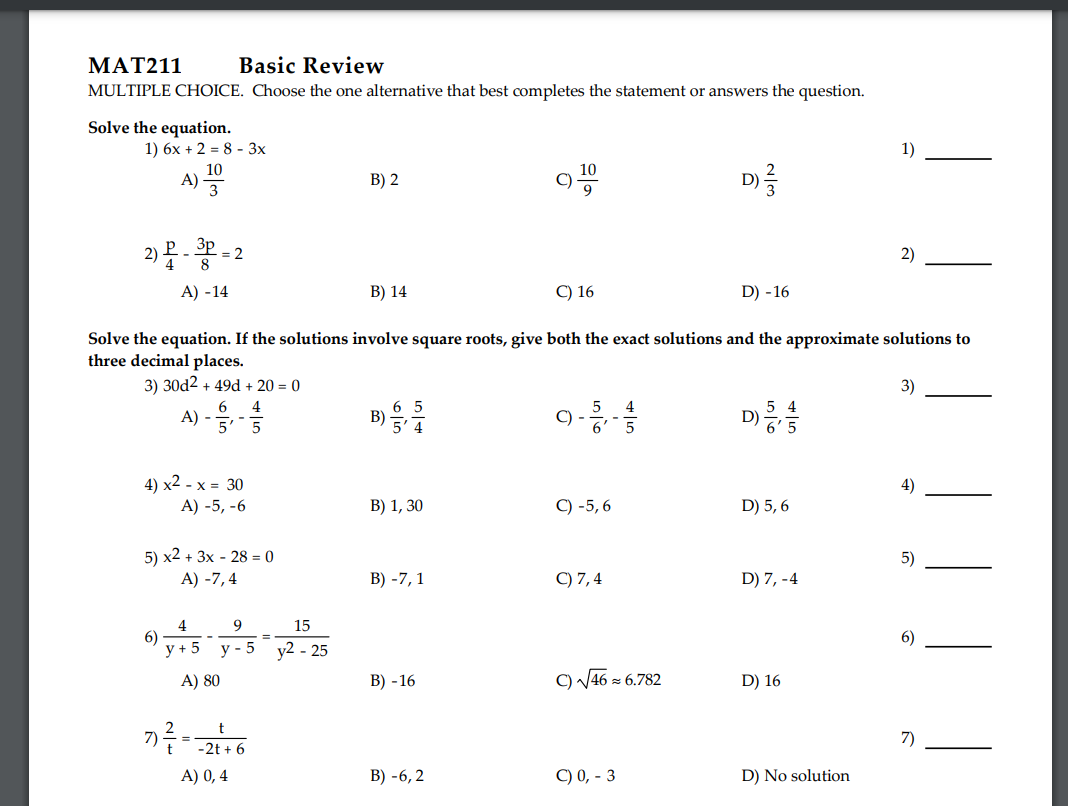 Solved MAT211 Basic Review MULTIPLE CHOICE. Choose the one | Chegg.com