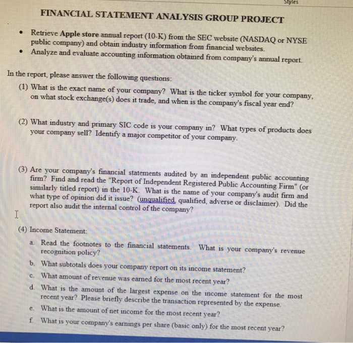 Styles FINANCIAL STATEMENT ANALYSIS GROUP PROJECT | Chegg.com