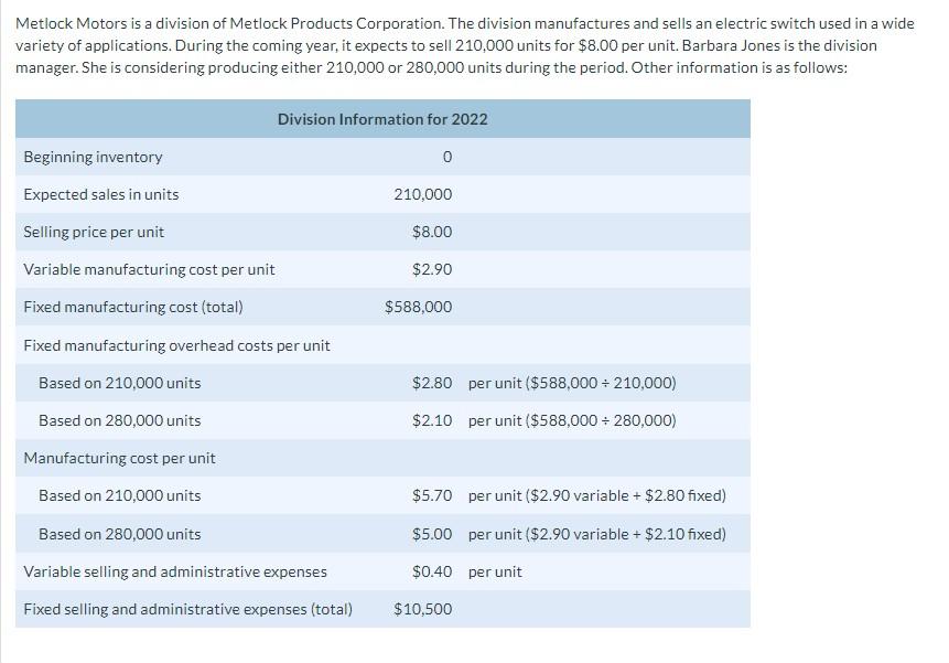 Solved Metlock Motors is a division of Metlock Products | Chegg.com