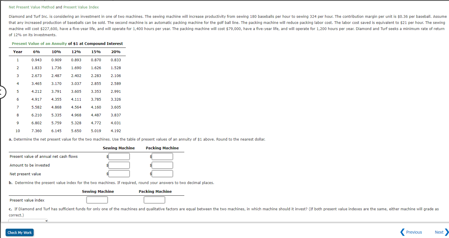Solved Net Present Value Method and Present Value Index of | Chegg.com