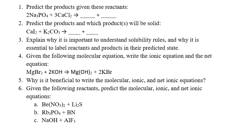 Solved 1. Predict the products given these reactants: | Chegg.com