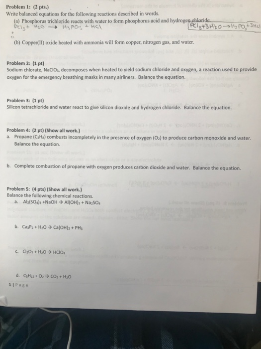 Solved Problem 1: (2 pts.) Write balanced equations for the | Chegg.com