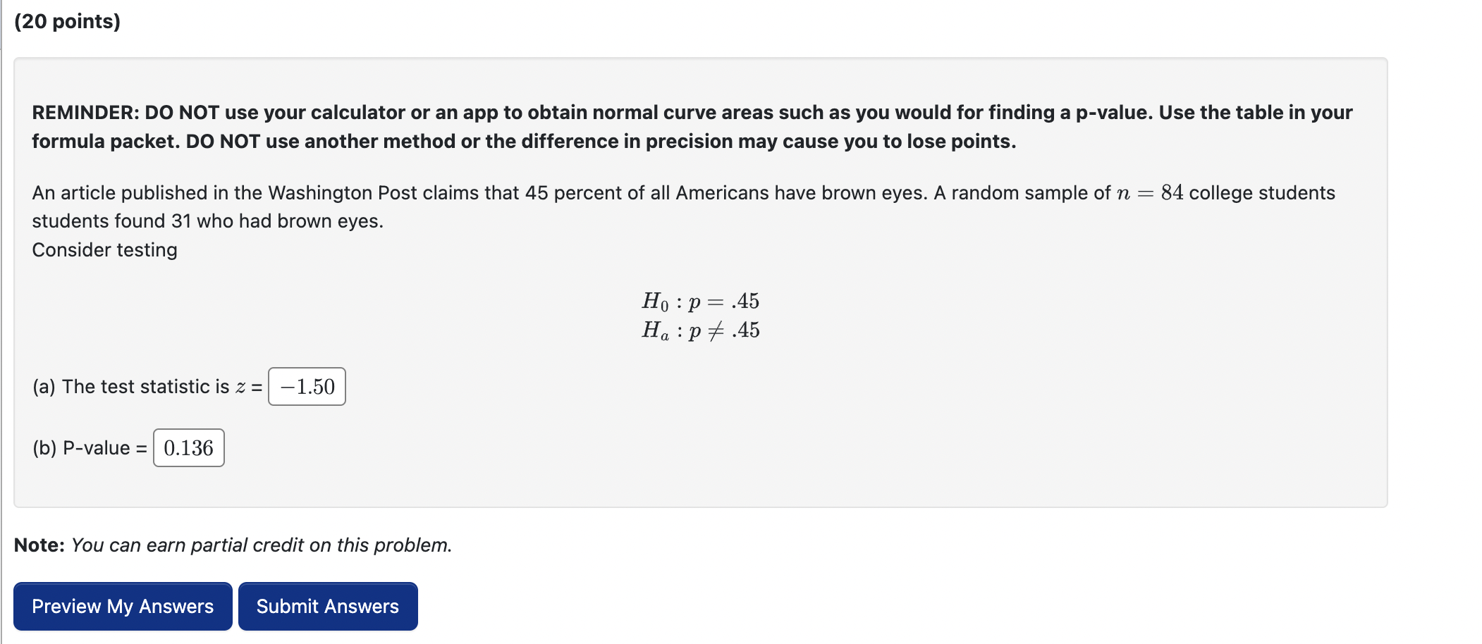 Solved (20 ﻿points)REMINDER: DO NOT use your calculator or | Chegg.com