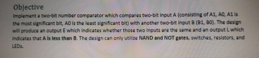 Solved Objective Implement a two-bit number comparator which | Chegg.com