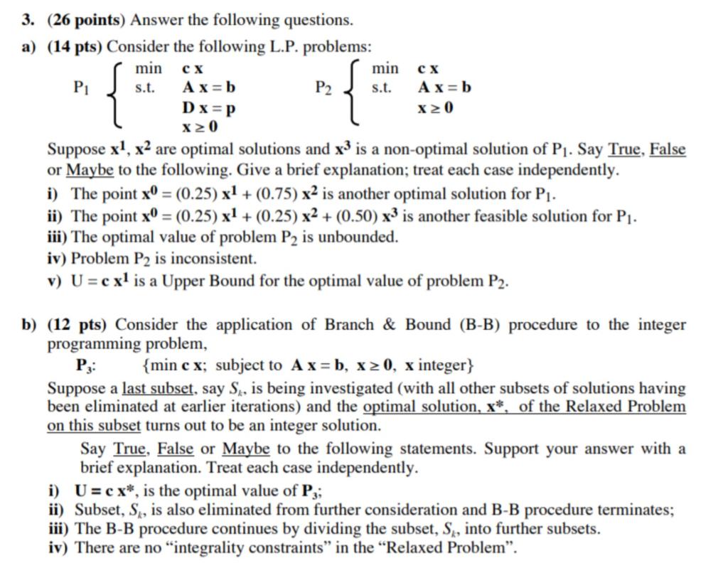 Solved cx cx s.t. { { 3. (26 points) Answer the following | Chegg.com