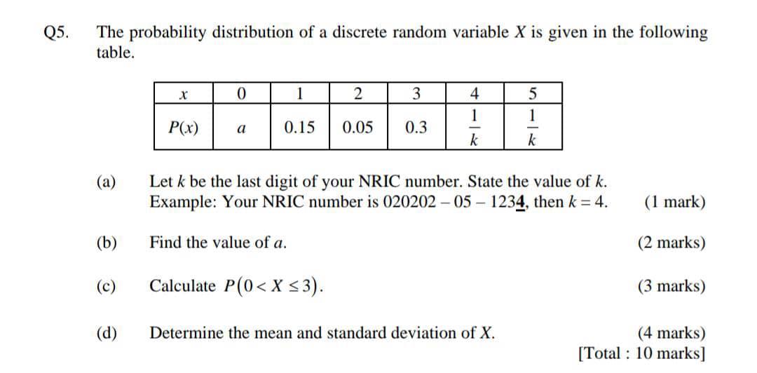Solved Q5. The probability distribution of a discrete random | Chegg.com