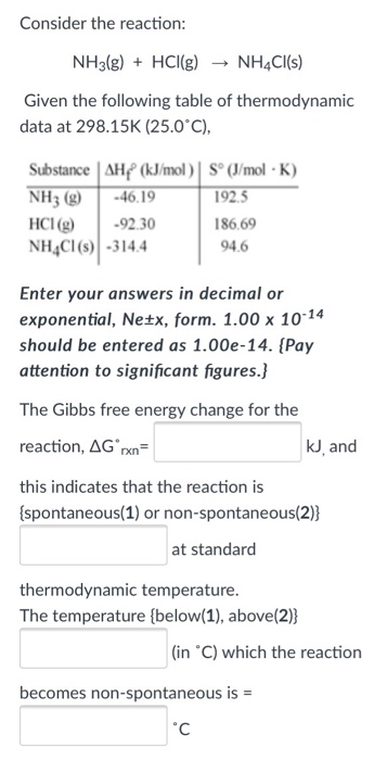 Solved Consider the reaction: NH3(g) HCI(g)NH4CI(s) Given | Chegg.com