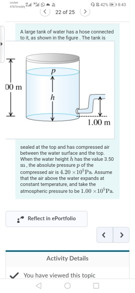 Solved ATAT 9242% 8:43 A large tank of water | Chegg.com