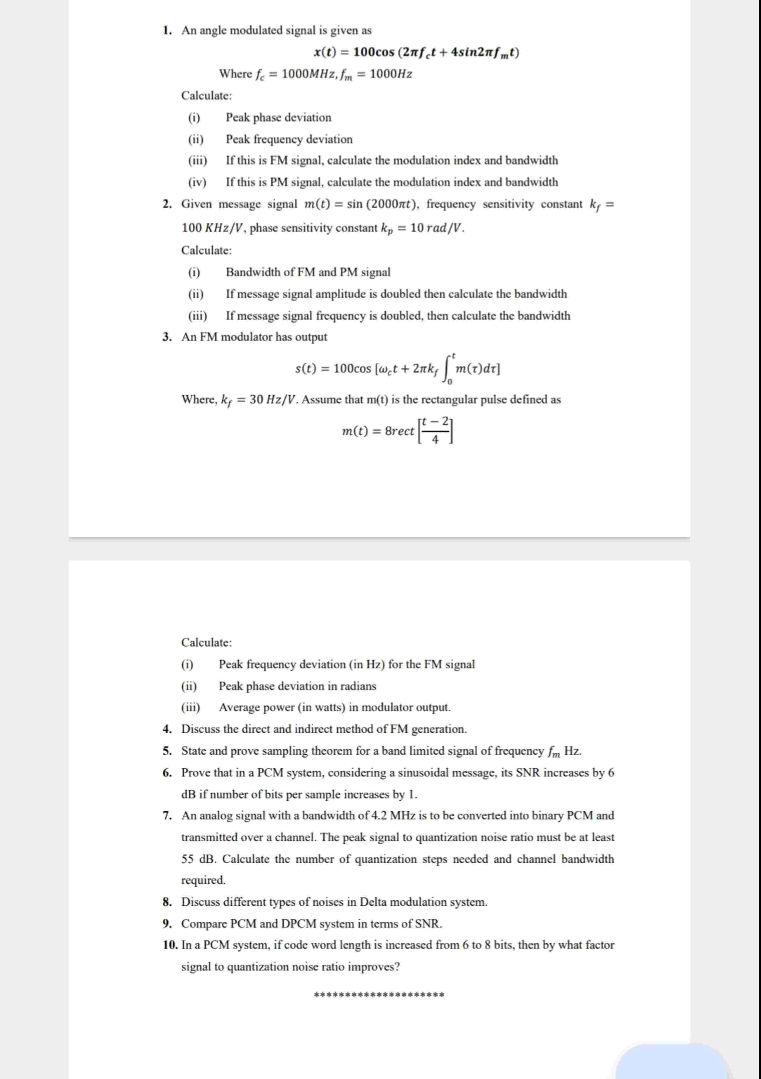 Solved An ﻿angle modulated signal is ﻿given | Chegg.com