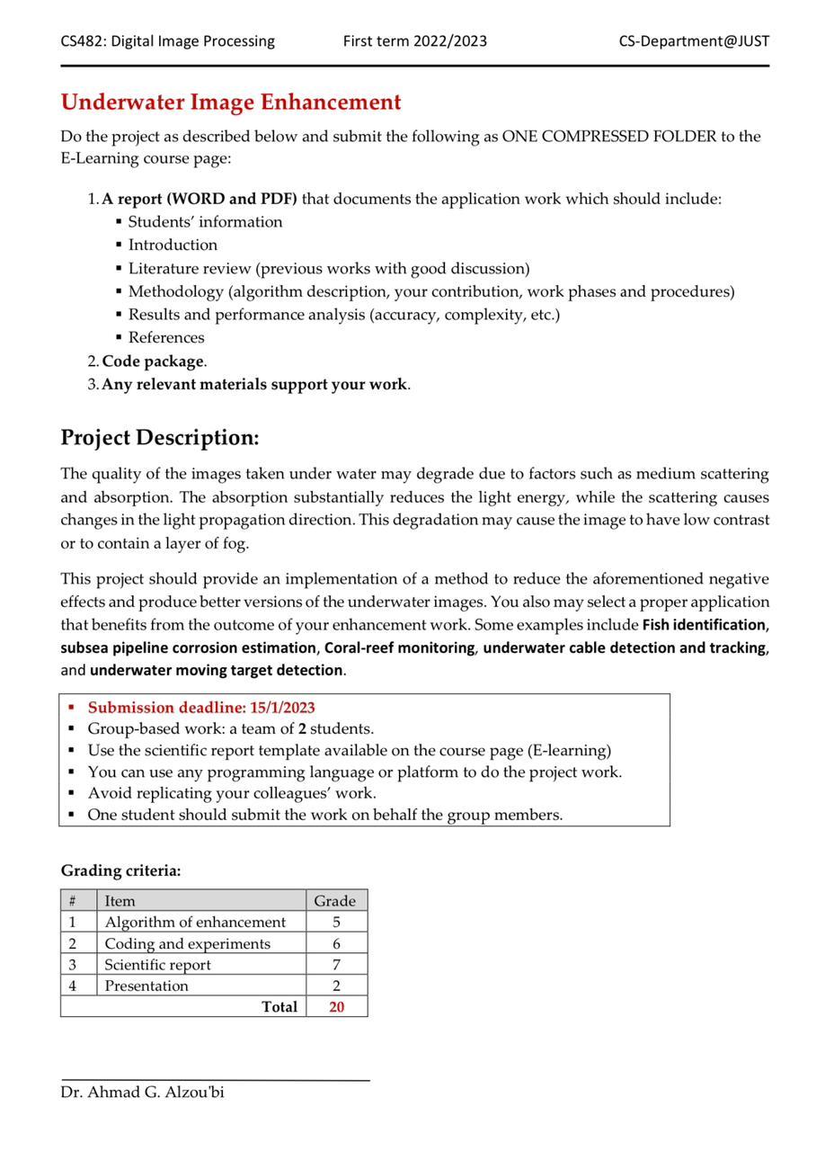 Solved Underwater Image Enhancement Do the project as | Chegg.com