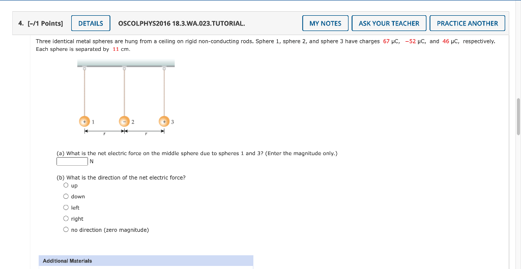 Solved Three identical metal spheres are hung from a ceiling | Chegg.com