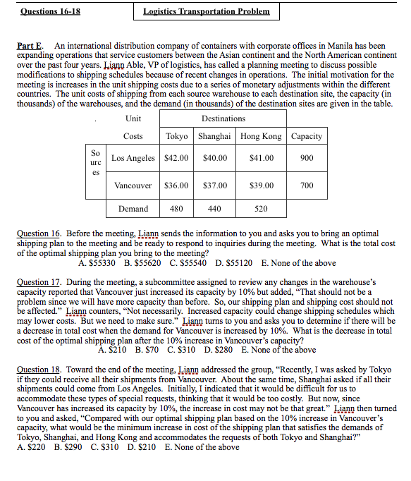 Solved Questions 16-18 Logistics Transportation Problem Part | Chegg.com