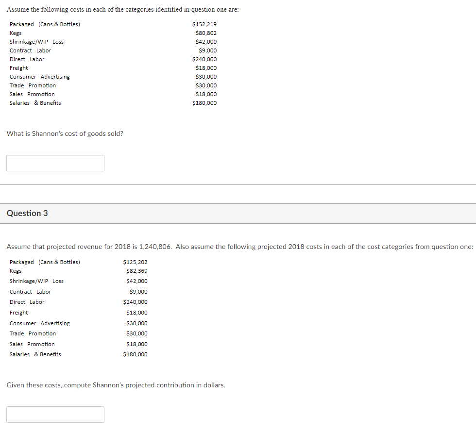Solved Assume the following costs in each of the categories | Chegg.com