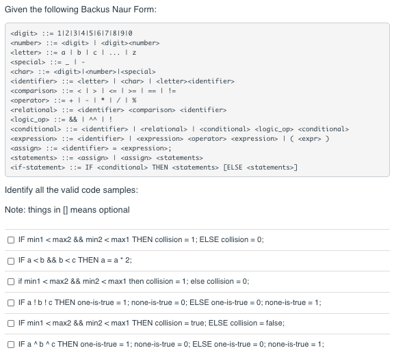 Solved Given the following Backus Naur Form: ::= | Chegg.com