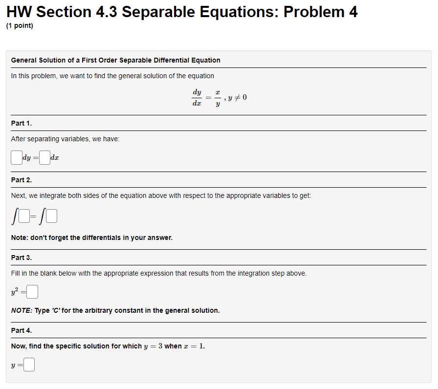 Solved Hw Section 4 3 Separable Equations Problem 4 1