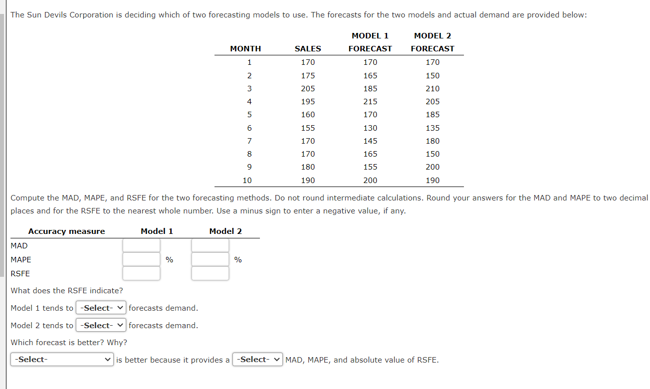 Solved Compute the MAD, MAPE, and RSFE for the two | Chegg.com