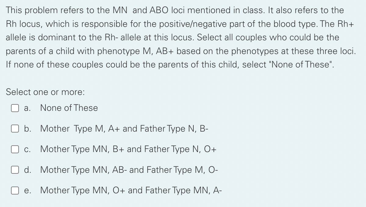Solved This problem refers to the MN and ABO loci mentioned | Chegg.com
