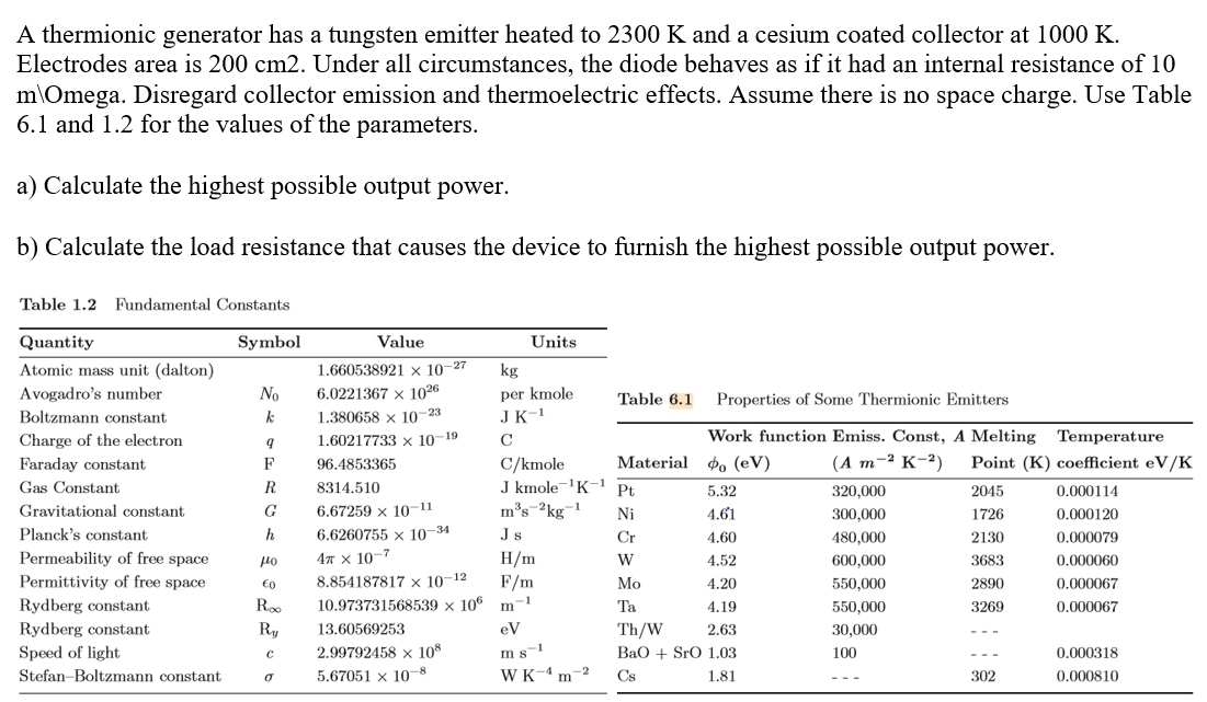 A thermionic generator has a tungsten emitter heated | Chegg.com