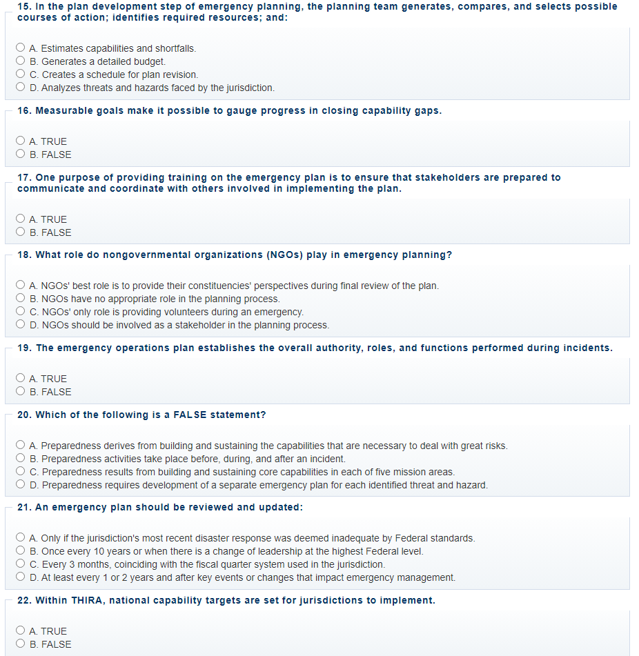 Solved 15. In the plan development step of emergency | Chegg.com
